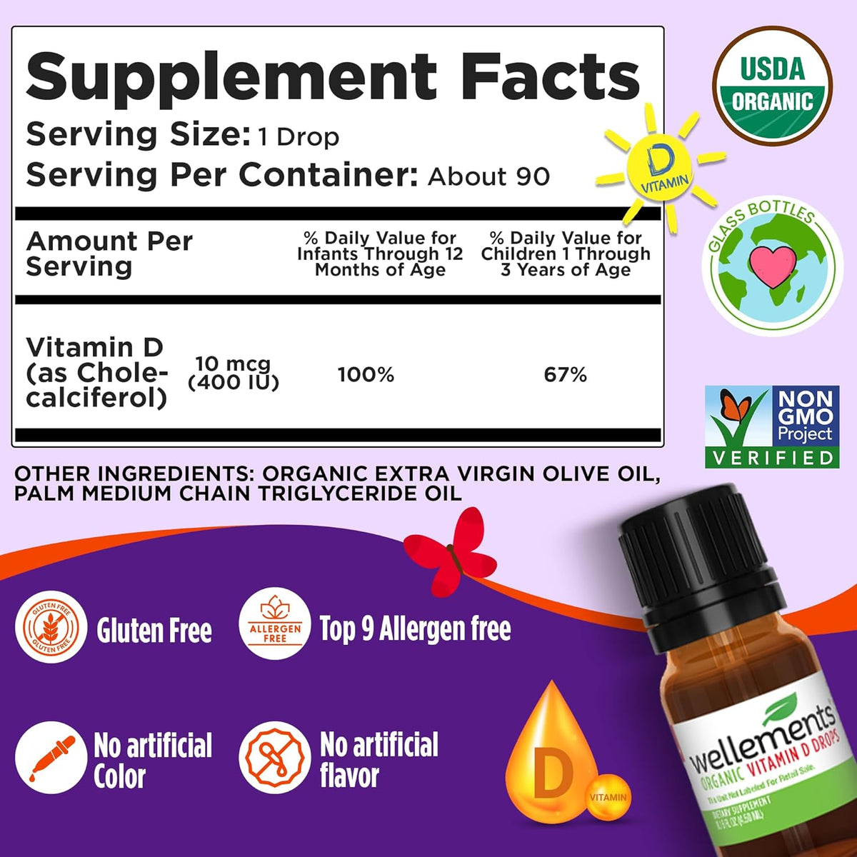 Wellements Baby Organic Vitamin D Drops for Infants & Toddlers (0.15 F ...