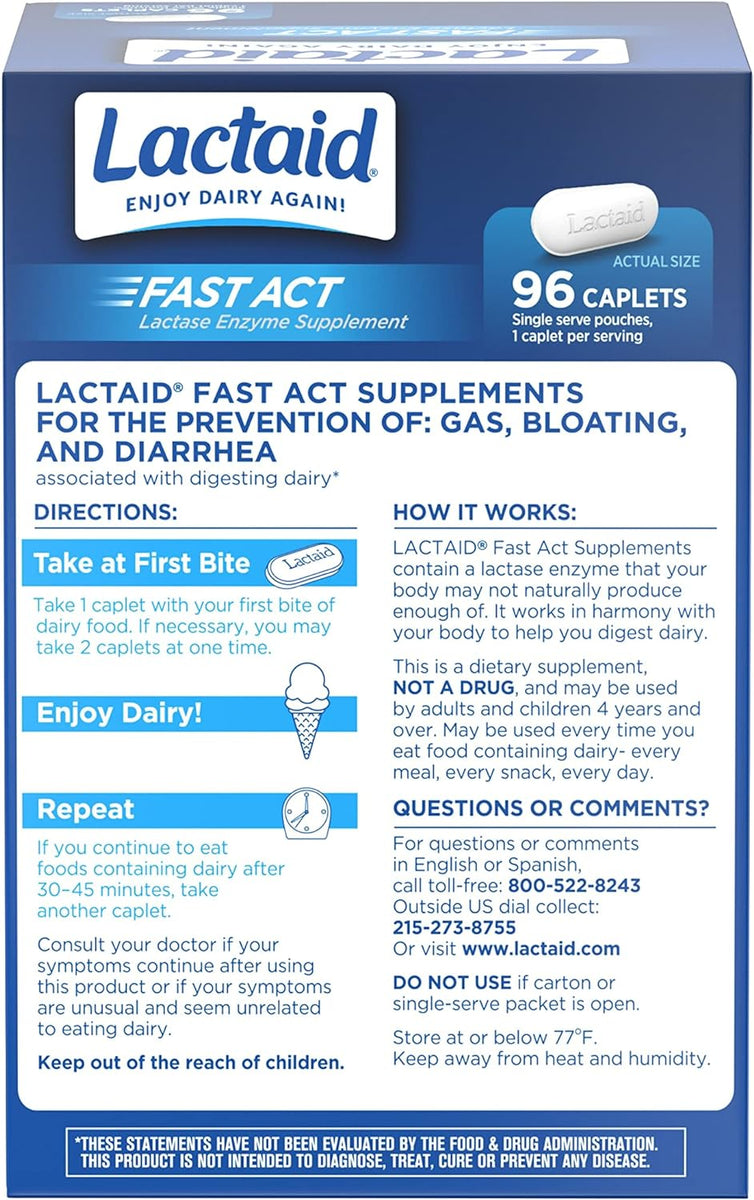 Lactaid Fast Act Lactose Intolerance Relief Caplets with Lactase Enzym ...